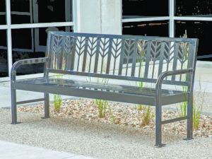 Strap Steel Bench with Ornate Backrest | Streetscape | Kay Park